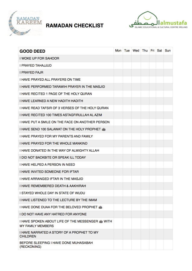 Ramadan 2014 & Time table & Ramadan Checklist - Islamic Centre Ireland